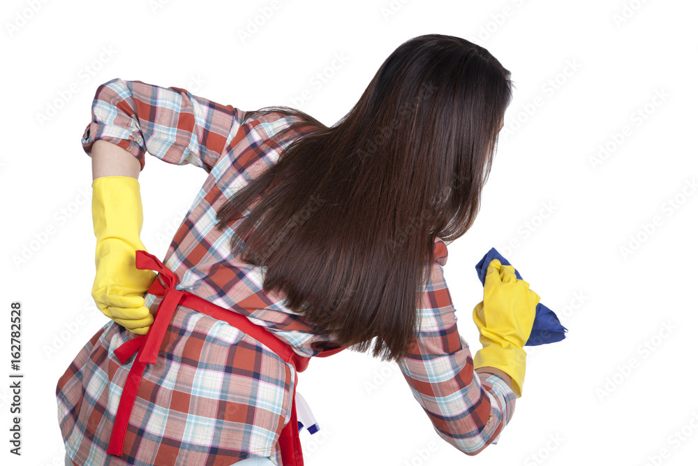 Housewife does cleaning using a rag, feels back pain. Young woman rear ...