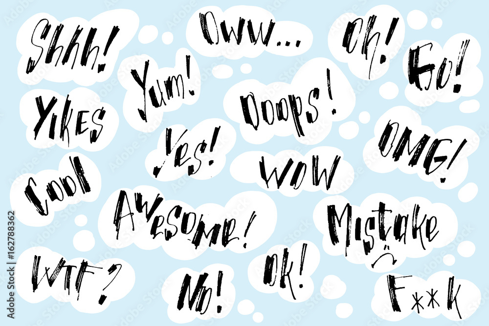 Handwritten exclamation and words inside hand drawn callout clouds ...