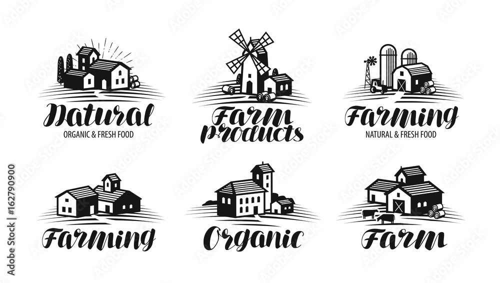 Farm, farming label set. Agriculture, agribusiness, building icon or ...