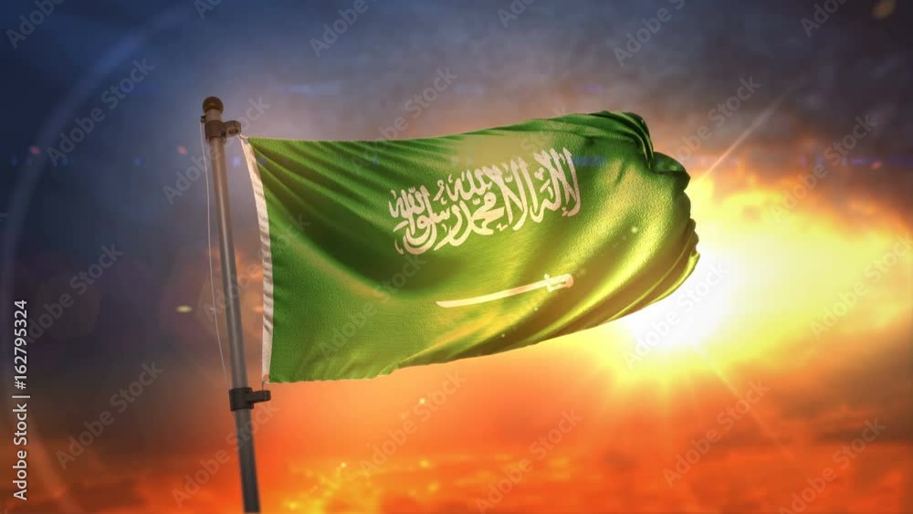 Saudi Arabia Flag Backlit At Beautiful Sunrise Loop Slow Motion 4K ...