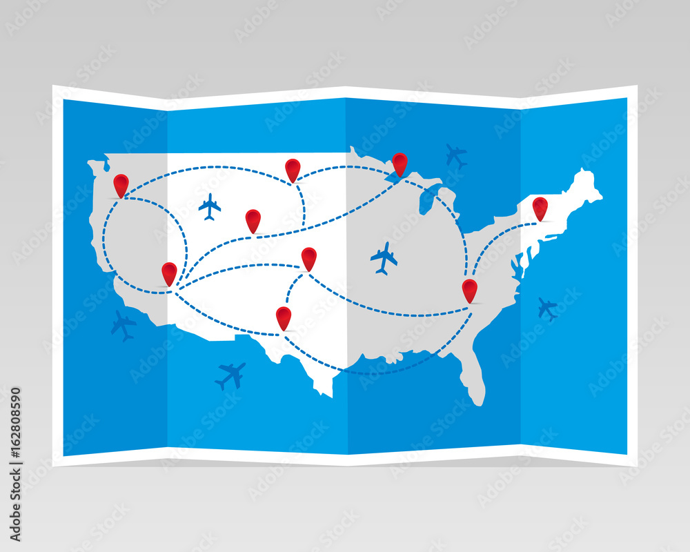 Folded travel map United States of America with airplanes. Vector ...