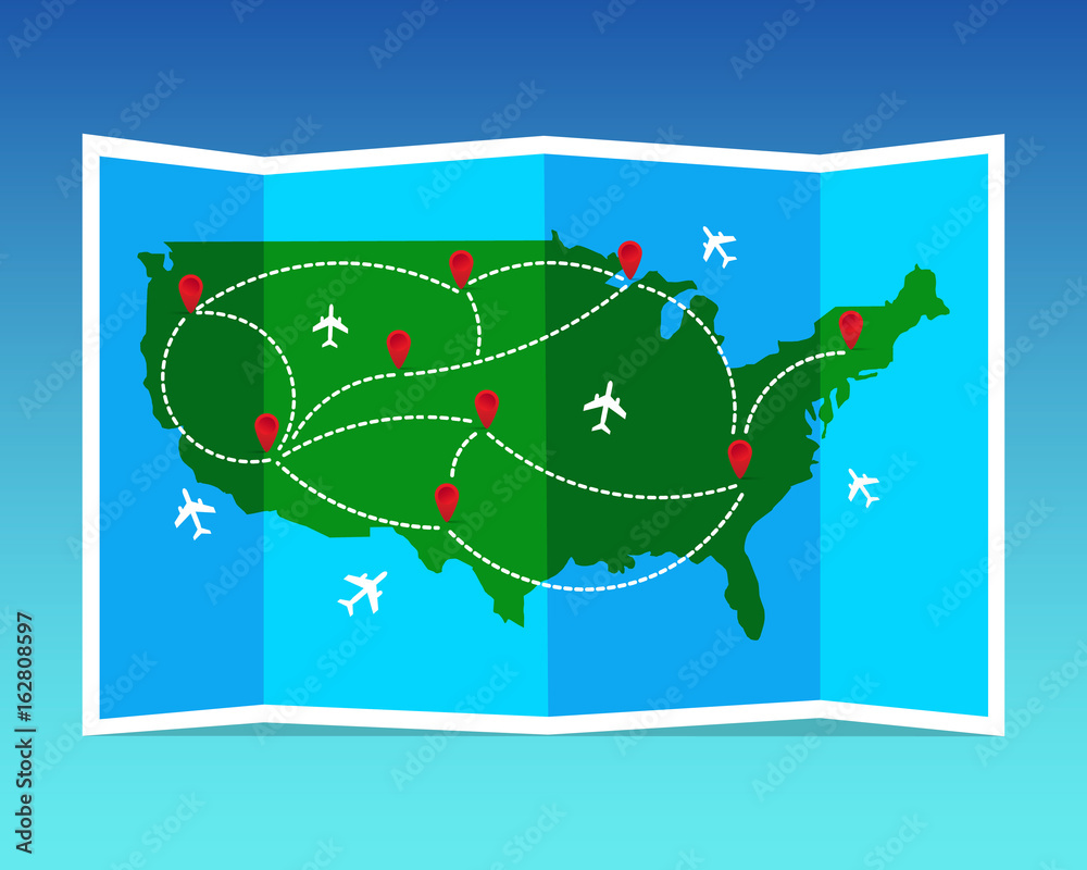 Travel and tourism map. United States of America folded world map with ...
