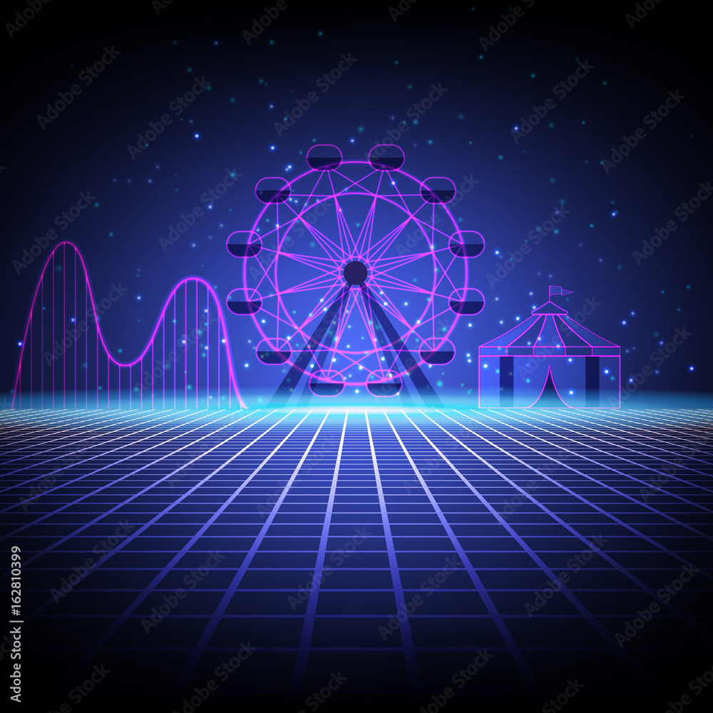 Fair in style arcades the 80s.. Аmusement park with a Ferris wheel, a ...