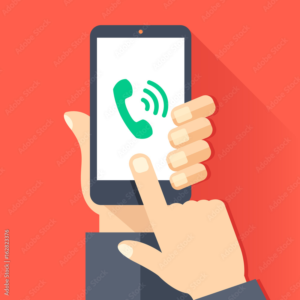 Phone call, incoming call, answer, ringing phone concepts. Hand holding ...