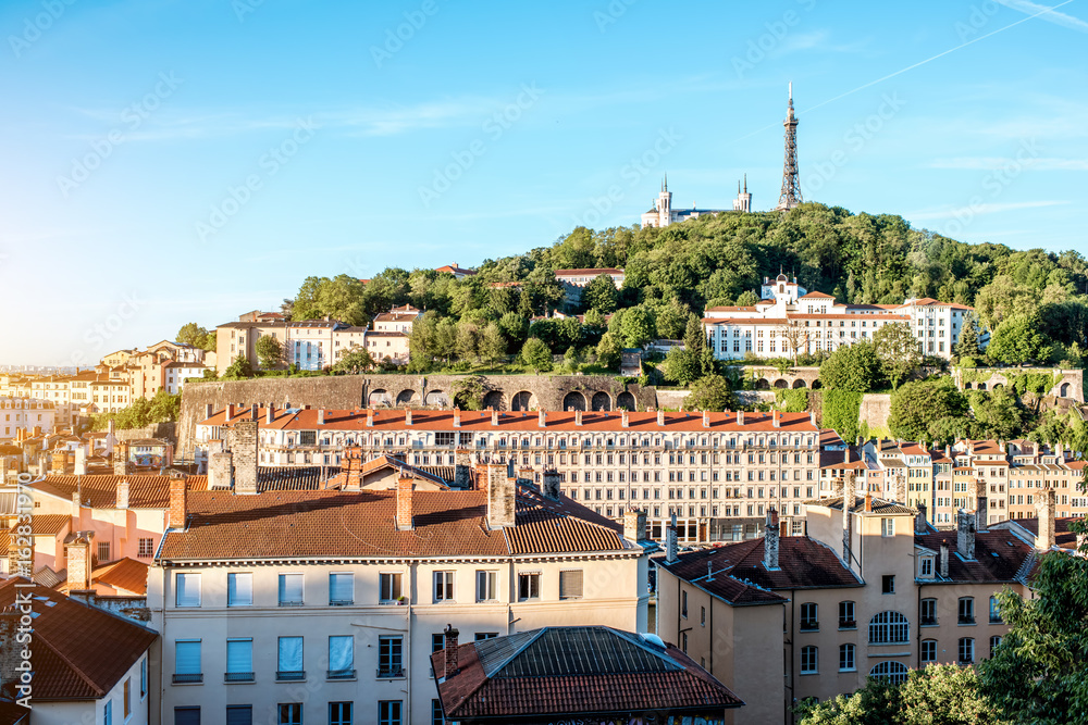 Morning aerial cityscape view with beautiful old buildings in Lyon city ...