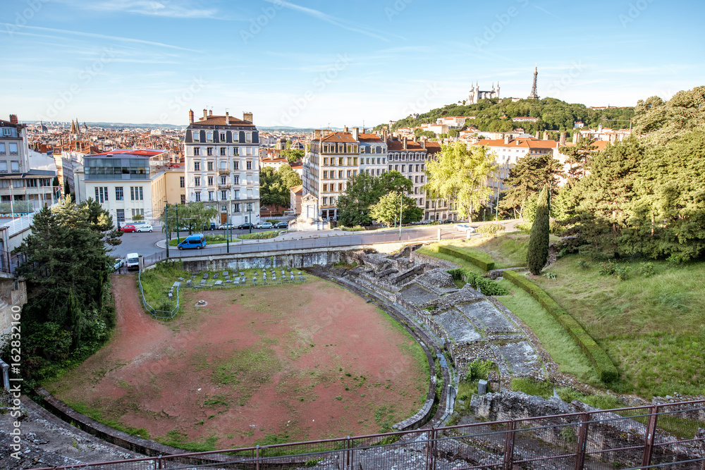 Cityscape view with amphitheatre des Trois-Gaules in Lyon, France Stock ...