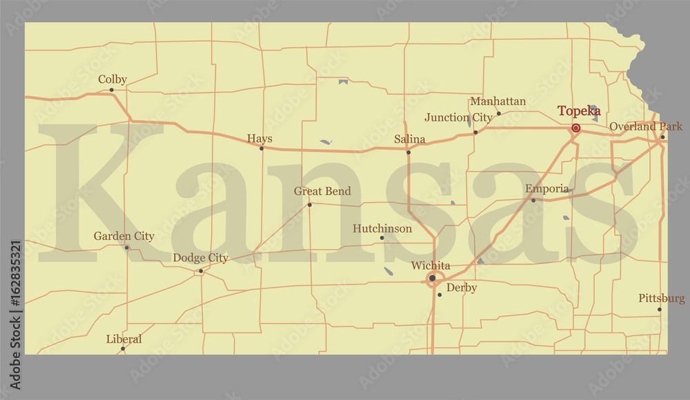 Kansas accurate vector exact detailed State Map with Community ...