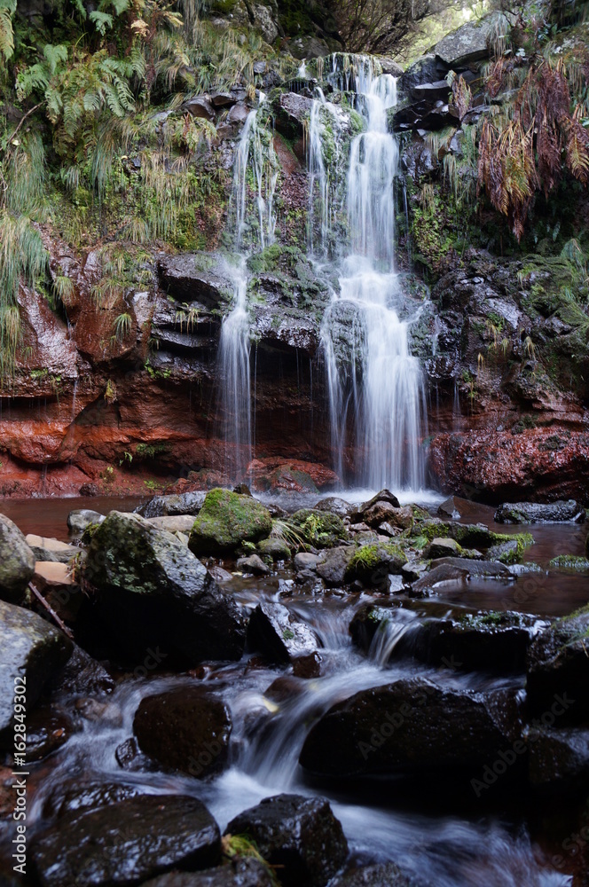 White stream of water flows as waterfall over the overgrown, colorful ...