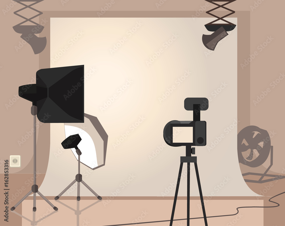 Photography studio with special equipment. Vector flat cartoon ...
