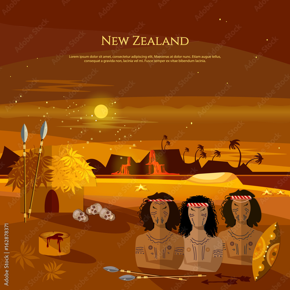 New Zealand. People of Maori, tradition and culture. Mountains and ...