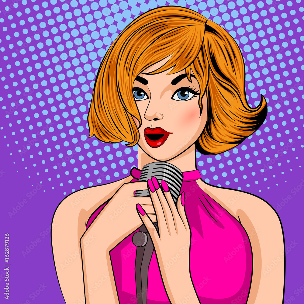 Pop art style retro lady singing on microphone Stock Vector | Adobe Stock
