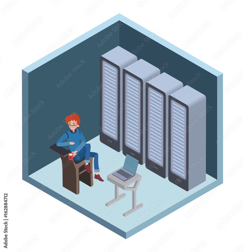 Data center icon, system administrator. Man sitting at the computer in ...