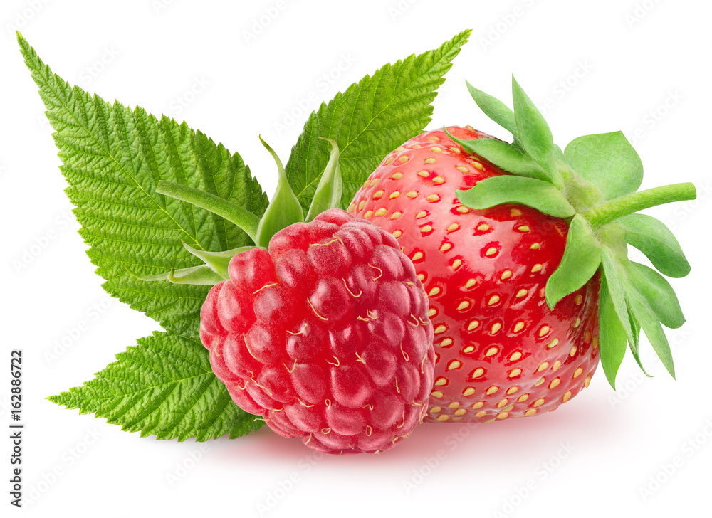 Isolated berries. Raspberry and strawberry fruits with leaves isolated ...