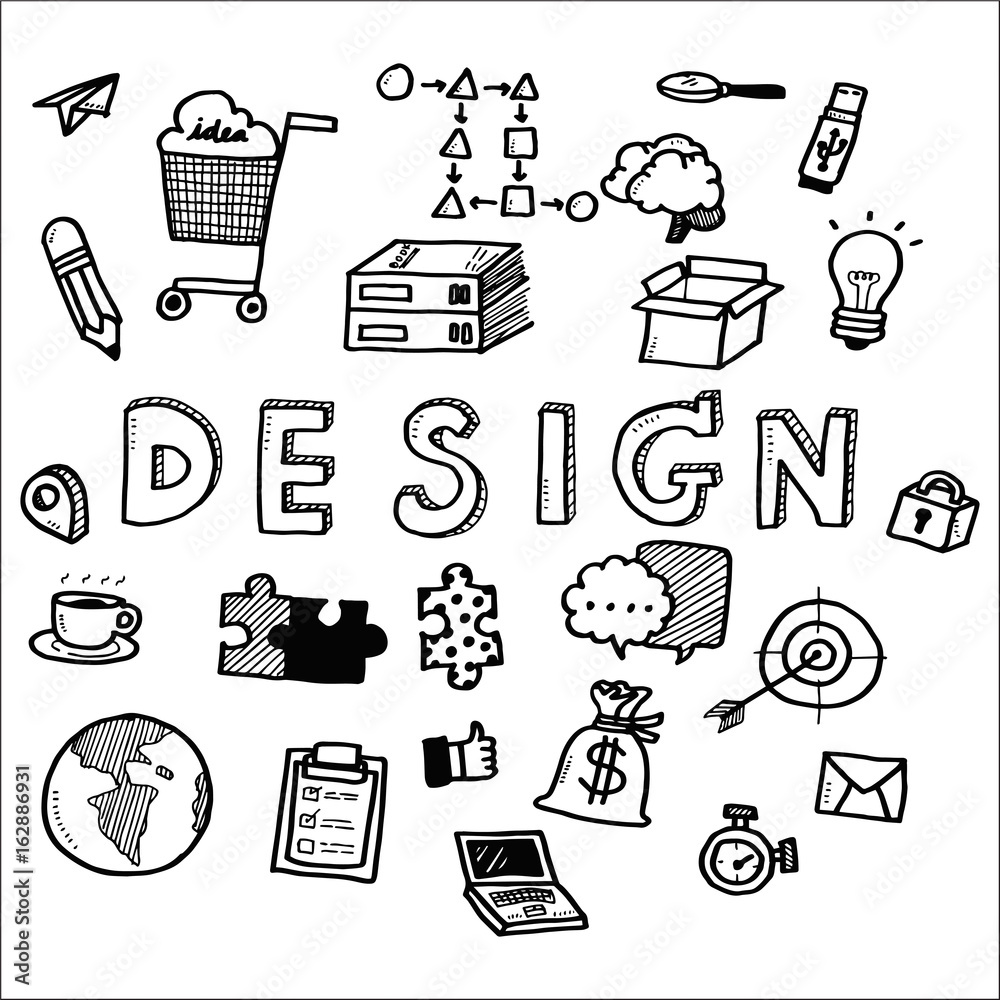 Hand draw business doodles with varieties of Design icons and words set ...