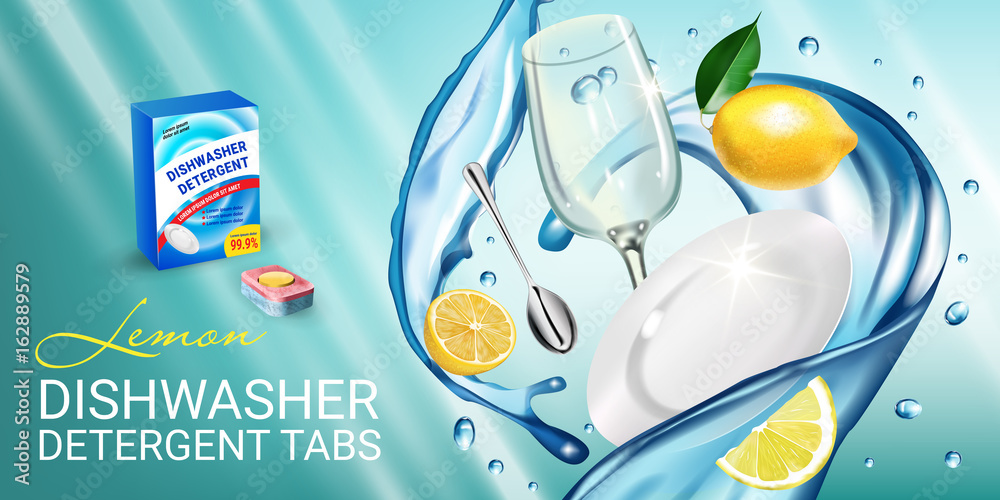 Lemon fragrance dishwasher detergent tabs ads. Vector realistic ...