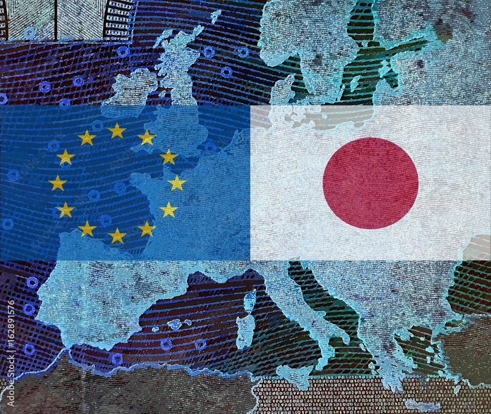 EU - Japan relationship - The flags of Japan and Europe lie over a map ...
