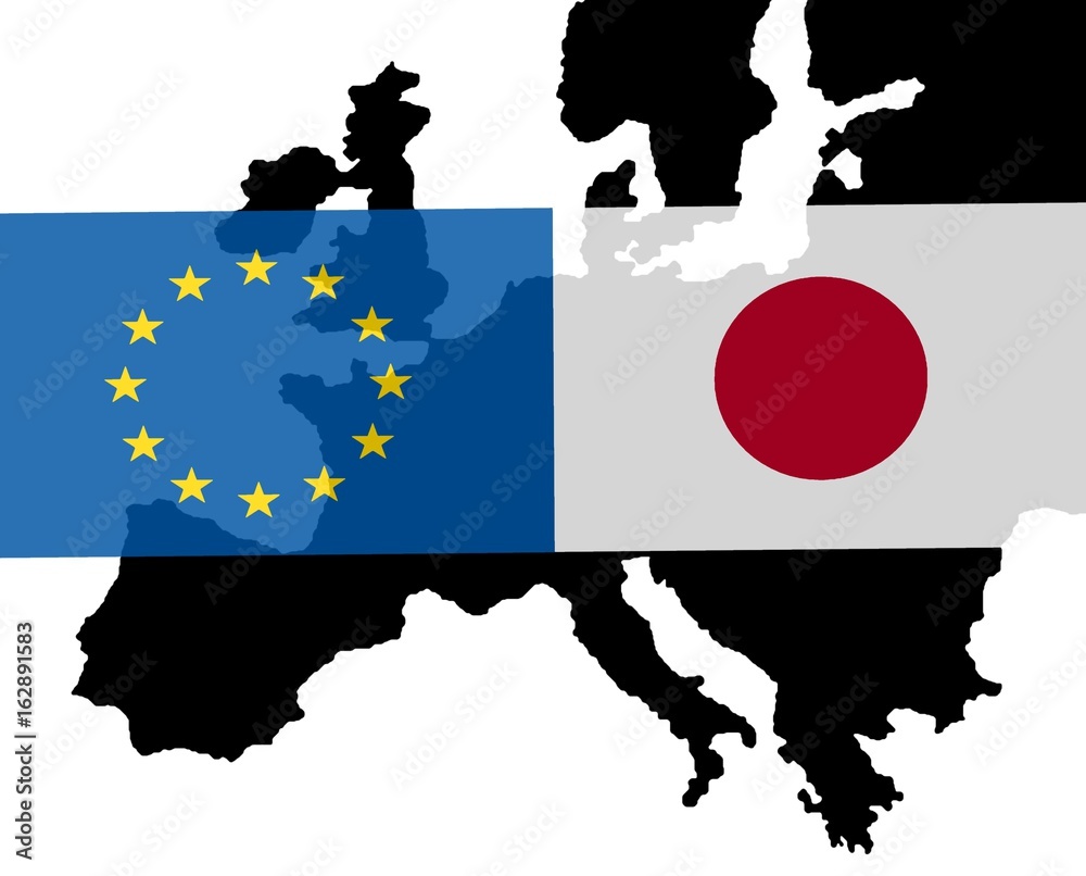 EU - Japan relationship - The flags of Japan and Europe lie over a map ...