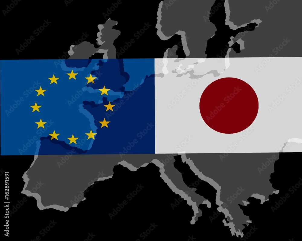 EU - Japan relationship - The flags of Japan and Europe lie over a map ...