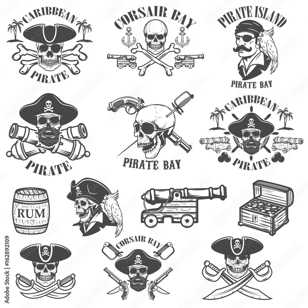 Set of pirate emblems isolated on white background. Design elements for ...