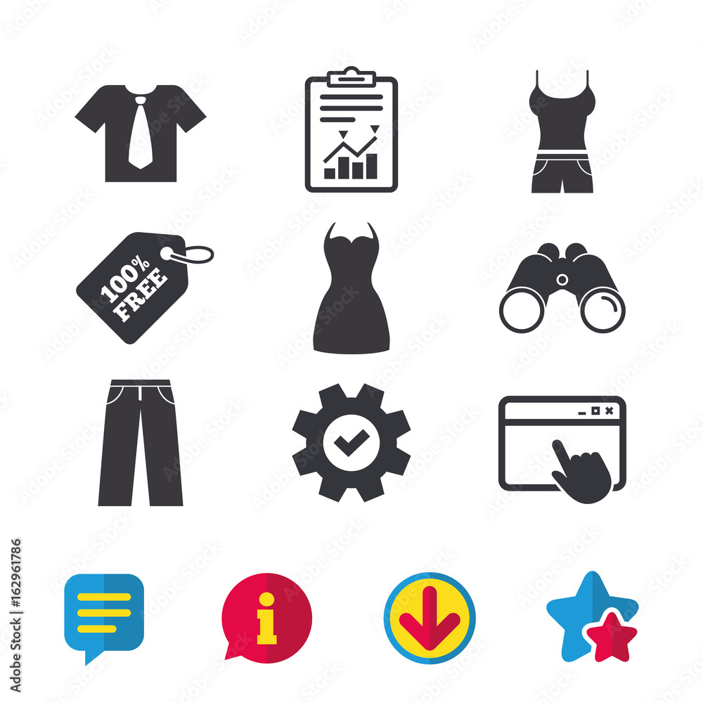 Clothes icons. T-shirt with business tie and pants signs. Women dress ...