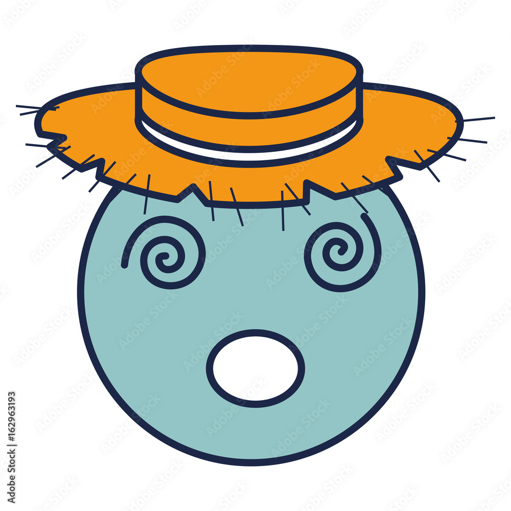 kawaii circle face emoticon with straw hat character vector ...