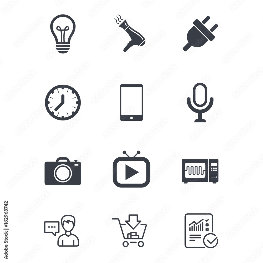 Home appliances, device icons. Electronics signs. Lamp, electrical plug ...