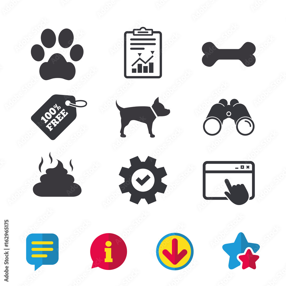 Pets icons. Dog paw and feces signs. Clean up after pets. Pets food ...