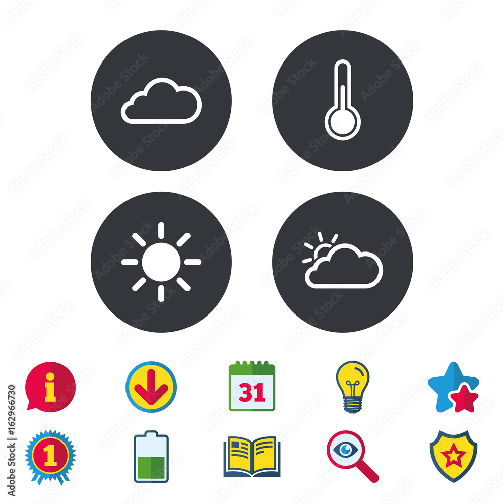 Weather icons. Cloud and sun signs. Thermometer temperature symbol ...