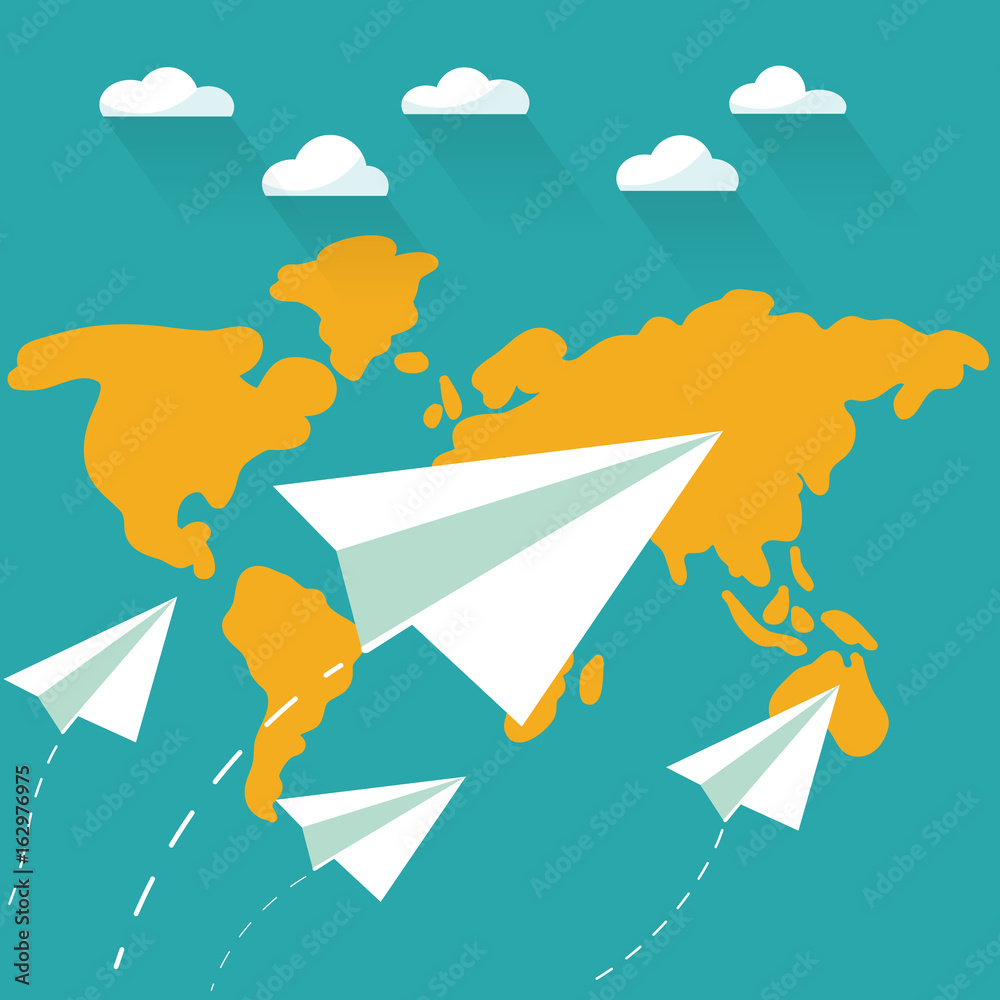 Flying paper planes over world map Stock Vector | Adobe Stock