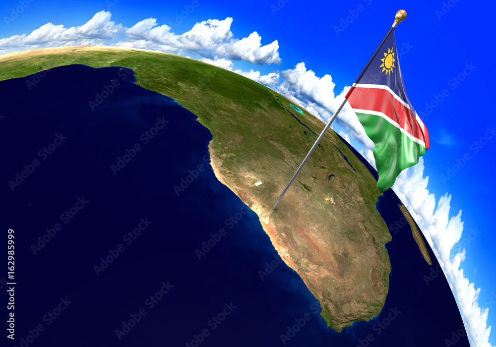Namibia national flag marking the country location on world map. 3D ...