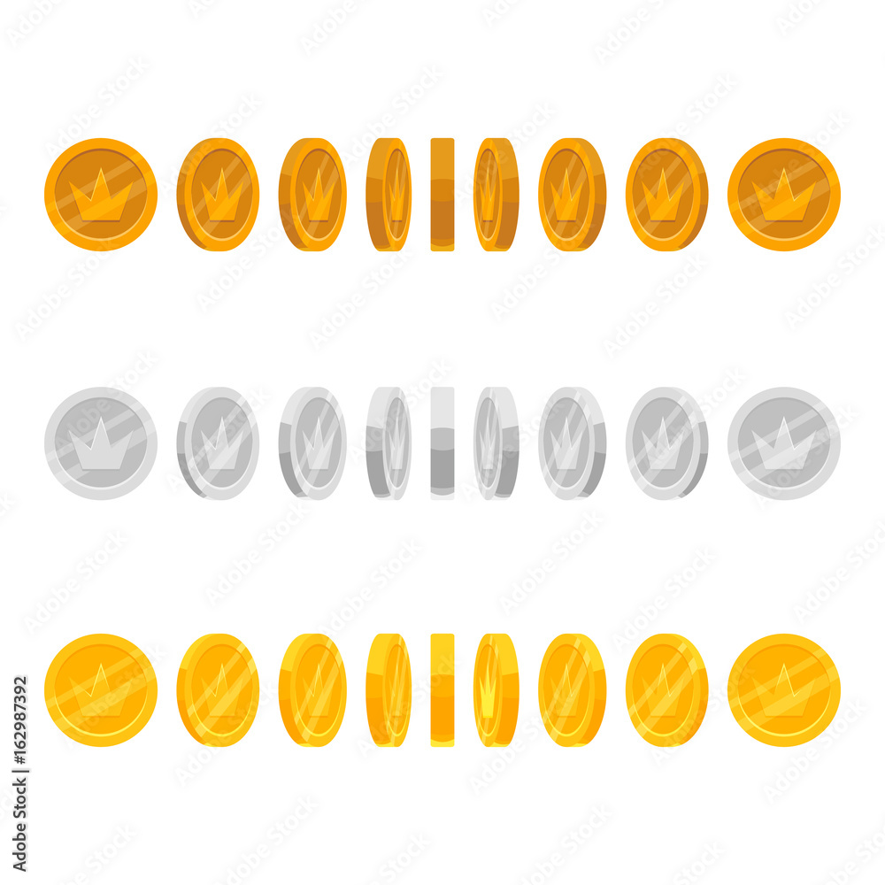 Set of game icons of silver, gold and bronze coins with crown isolated ...