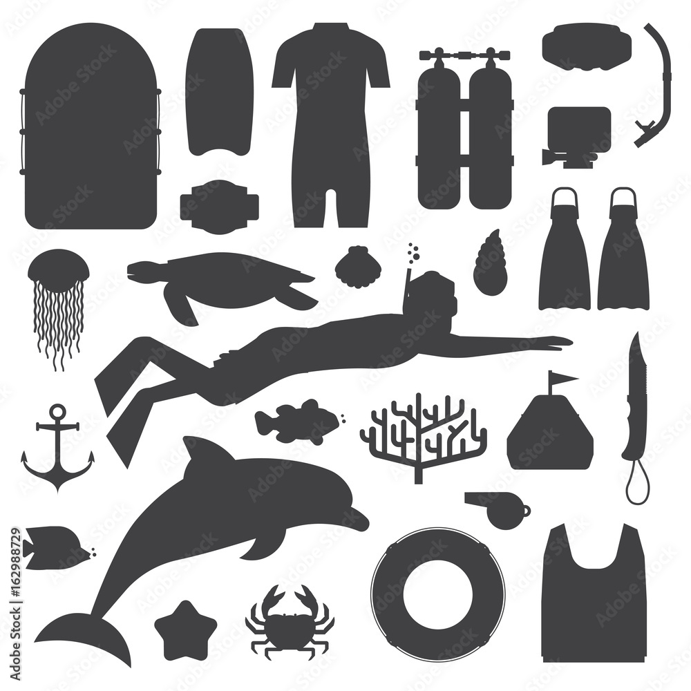 Snorkeling set of outline elements. Snorkeler man silhouette with ...