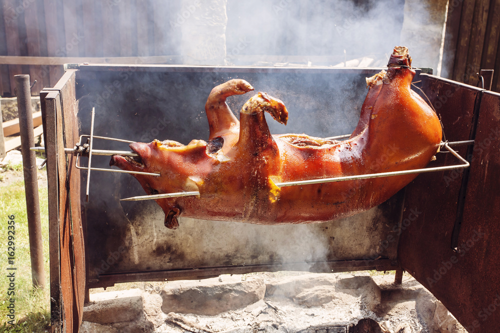 Whole pig roasting on the fire Stock Photo | Adobe Stock
