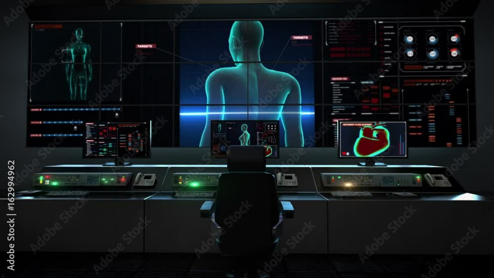 Human medical care center, main control room, Zooming Female body and ...