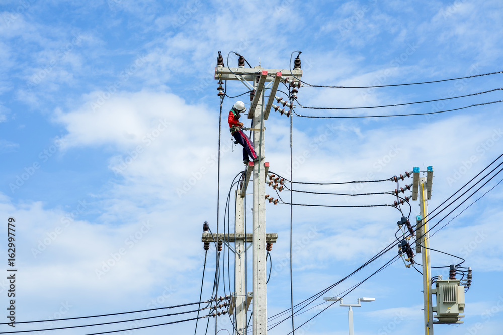 Electrician work installation of high voltage in high voltage stations ...