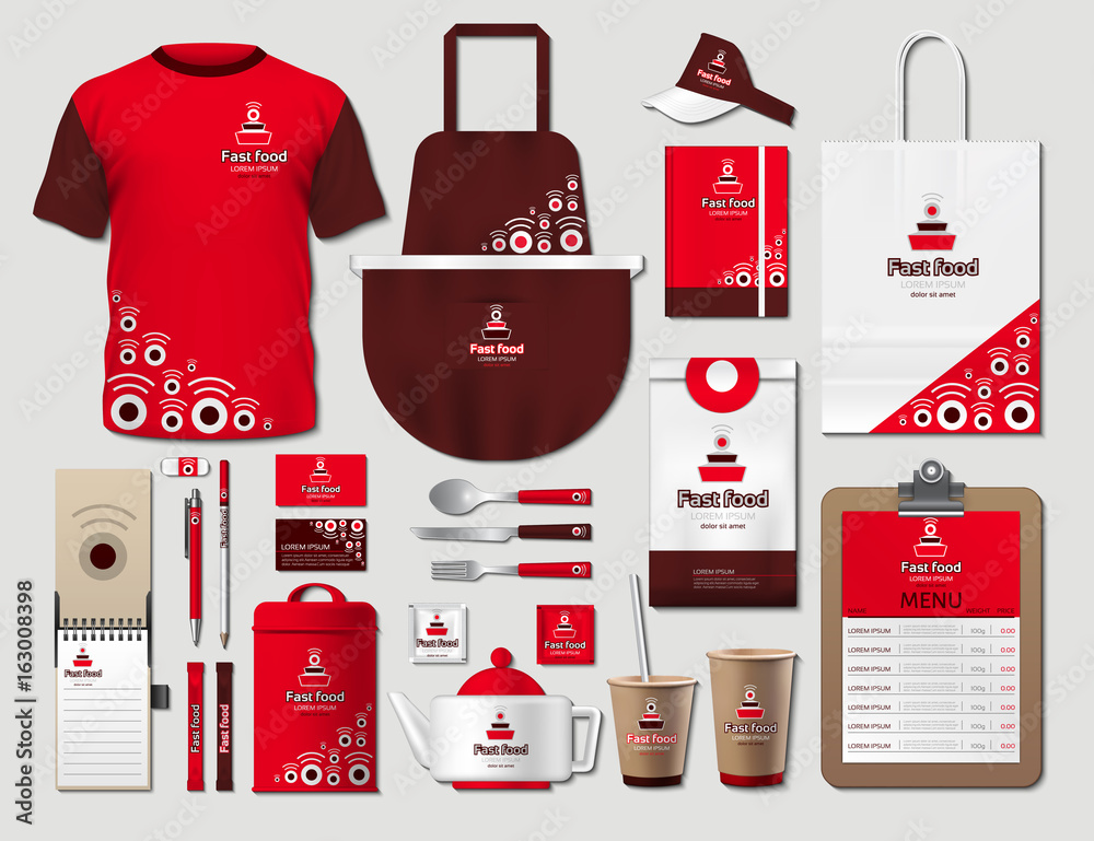 Business fastfood corporate identity items set. Vector fastfood red ...