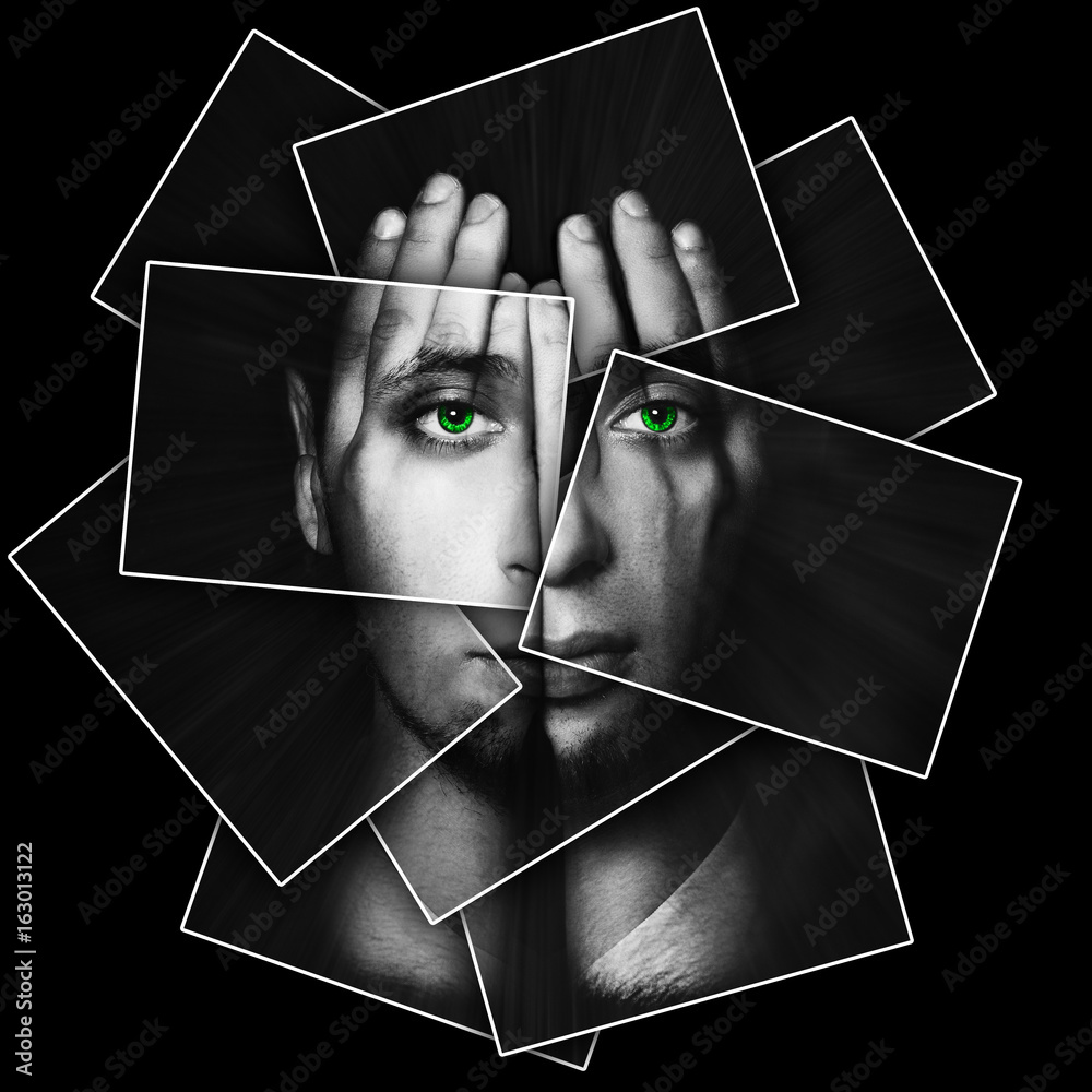 Face shines through hands, face is divided into many parts by cards ...