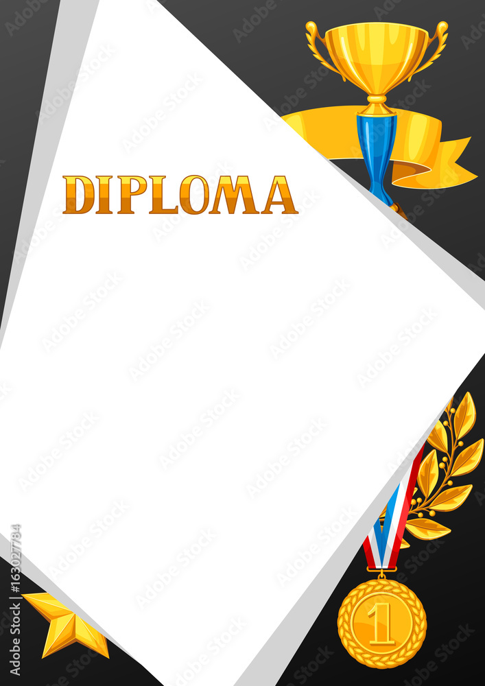 Diploma with realistic gold awards. Certificate for sports or corporate ...