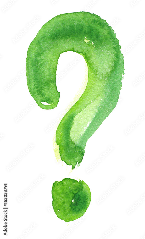 Single big green question mark painted in watercolor on clean white ...