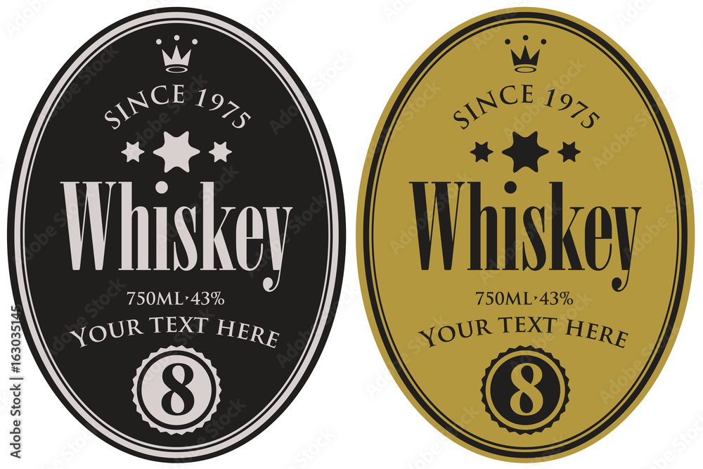 Vector set of two labels for whiskey in the oval frame with crown and ...