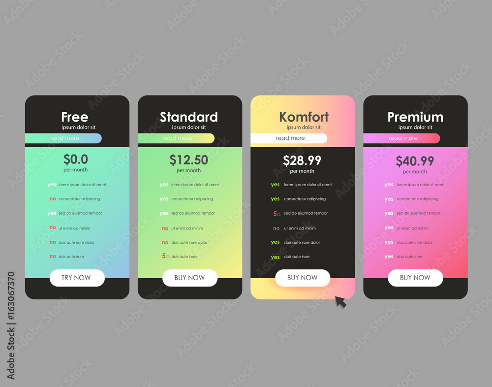 Set Of Offer Tariffs Ui Ux Vector Banner For Web App Set Of Pricing Table Order Box Button