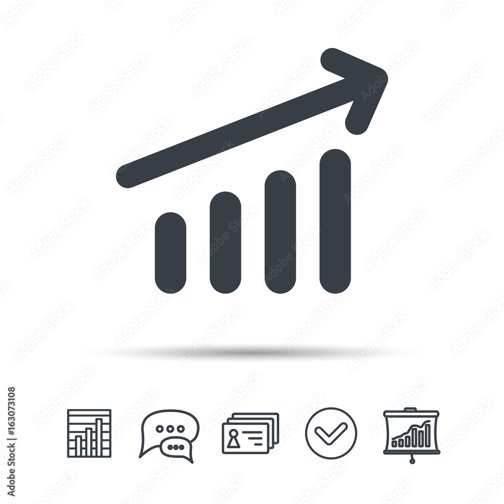 Growing graph icon. Business analytics chart symbol. Chat speech bubble ...