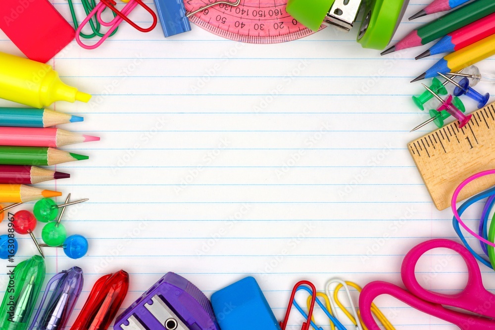 Colorful school supplies frame over a lined paper background Stock ...