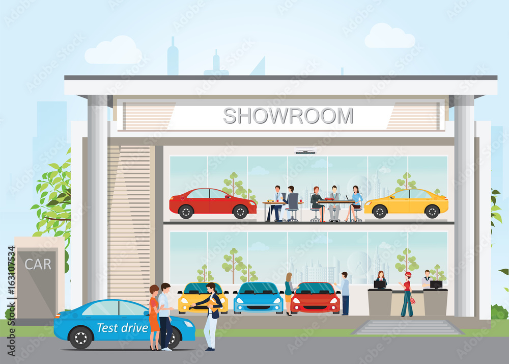Modern car dealership showroom with reception customer service. Stock ...