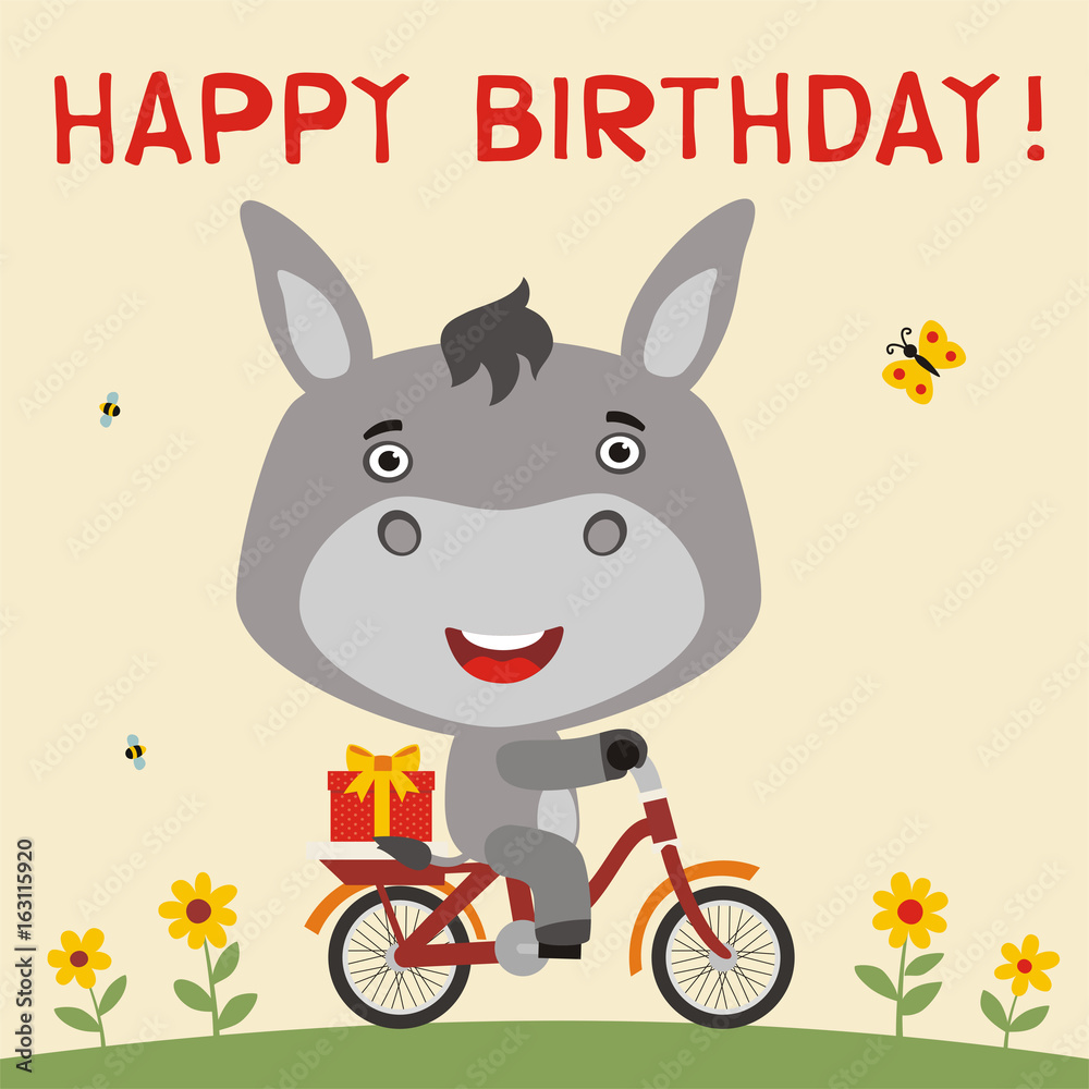 Vecteur Stock Happy birthday! Cute donkey rides on bike with birthday ...