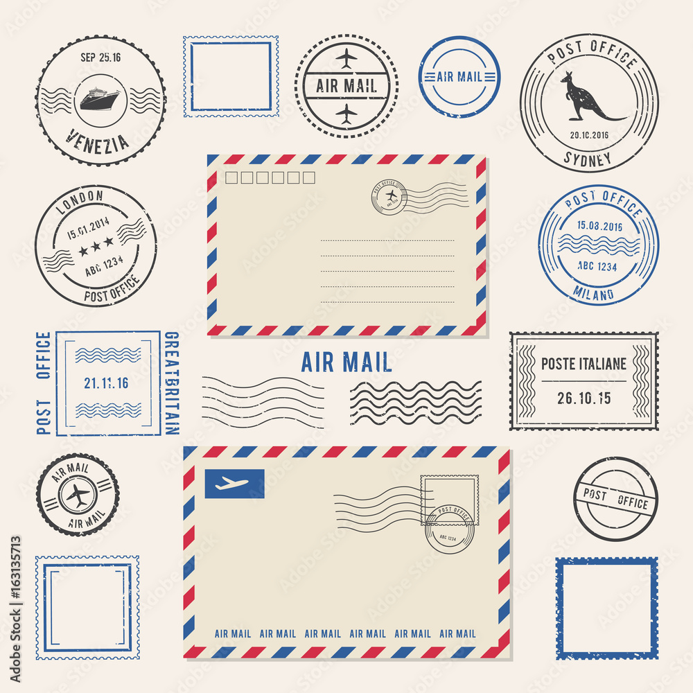 Vector illustrations of letters and postmarks, airmail designs. Antique ...