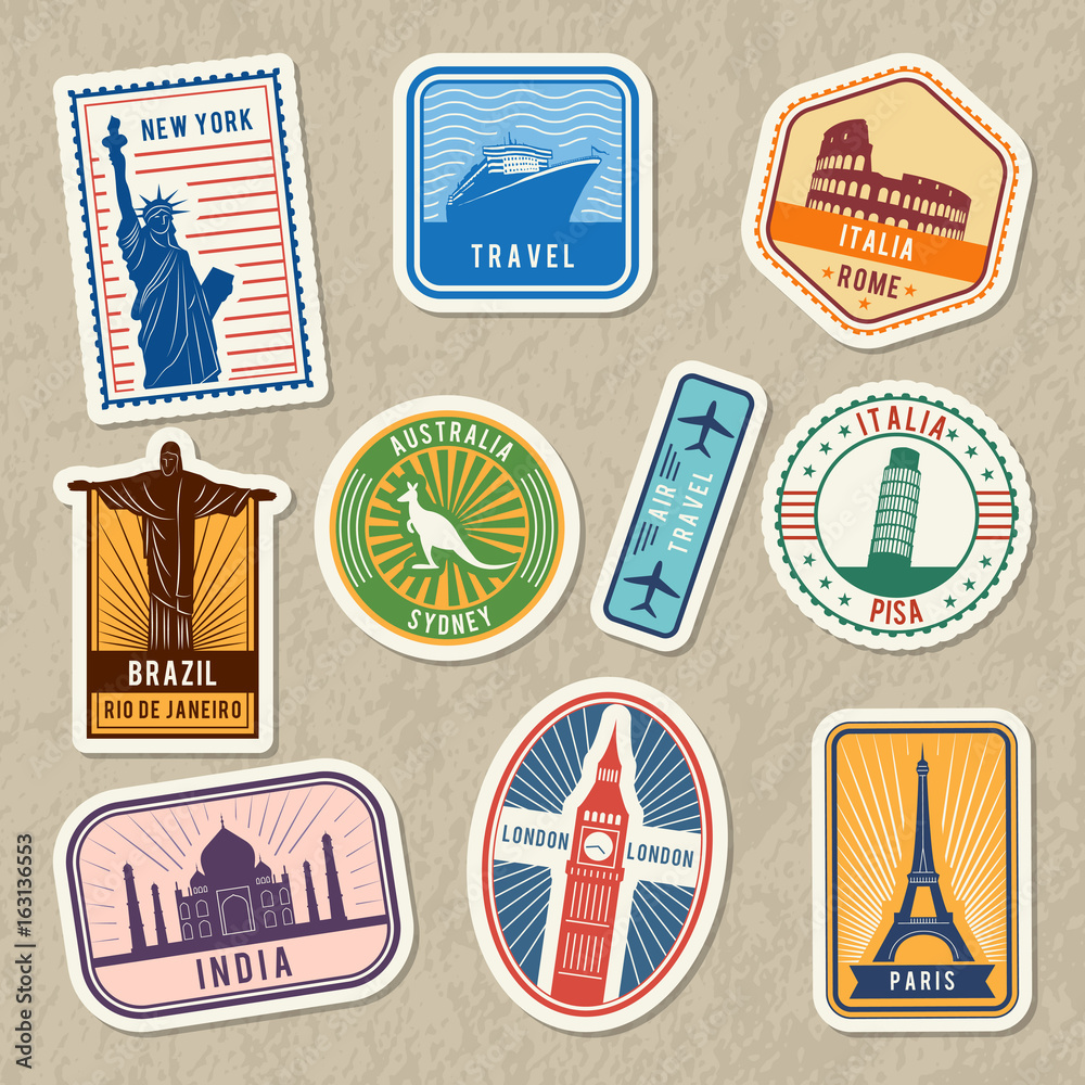 Travel stickers set with different worldwide architectural symbols ...