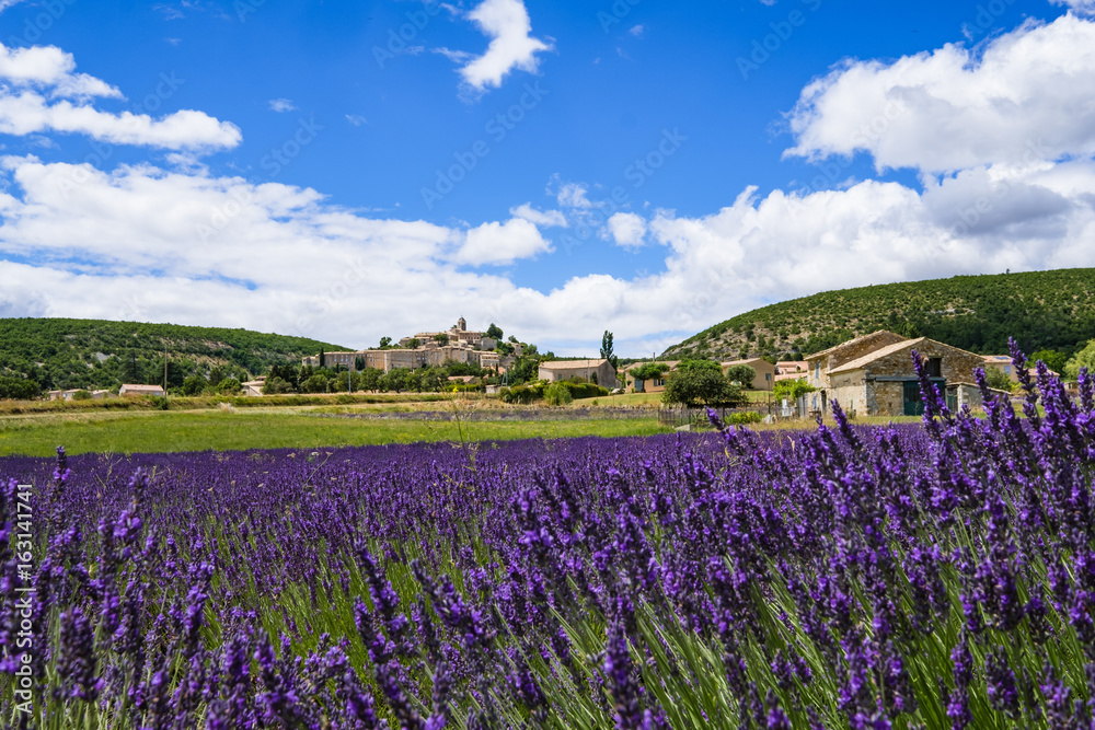 Foto de Vue sur le village de Banon, Provence, France. Champ de lavande ...