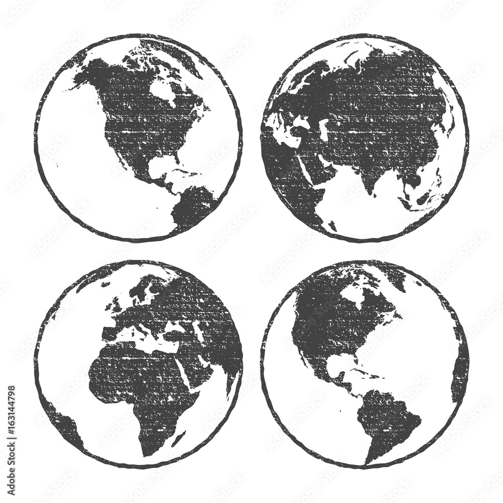 Grunge texture gray world map globe set transparent vector illustration ...