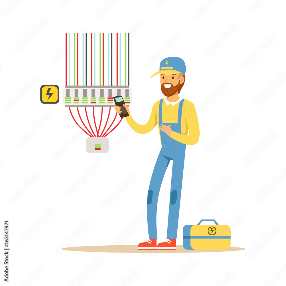 Electrician testing electrical equipment, measuring the voltage output ...
